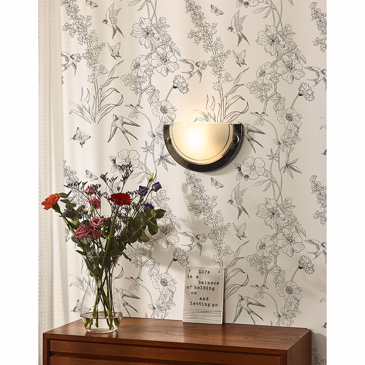 HomKihapai Vintage Wallpaper- Black and White Wallpaper Floral Peel and Stick Wallpaper Modern Bird Wallpaper for Bathroom Waterproof Contact Paper (Black and White, 118"X17.4")