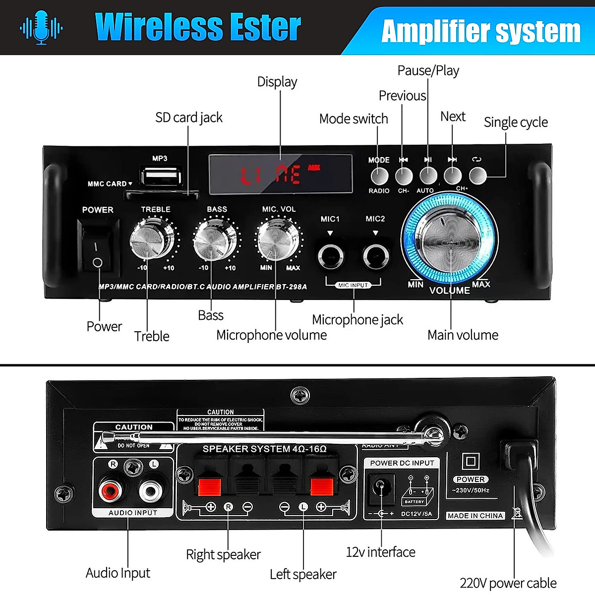 Etlephe 298A Mini Bluetooth 5.0 Stereo Amplifier,Amplifier home Audio,Audio Receiver,300W+300W 2 Channel Power Sound Receiver/USB,SD Card,FM Radio,2 Mic for Home Speakers & Theater System-12V 110V