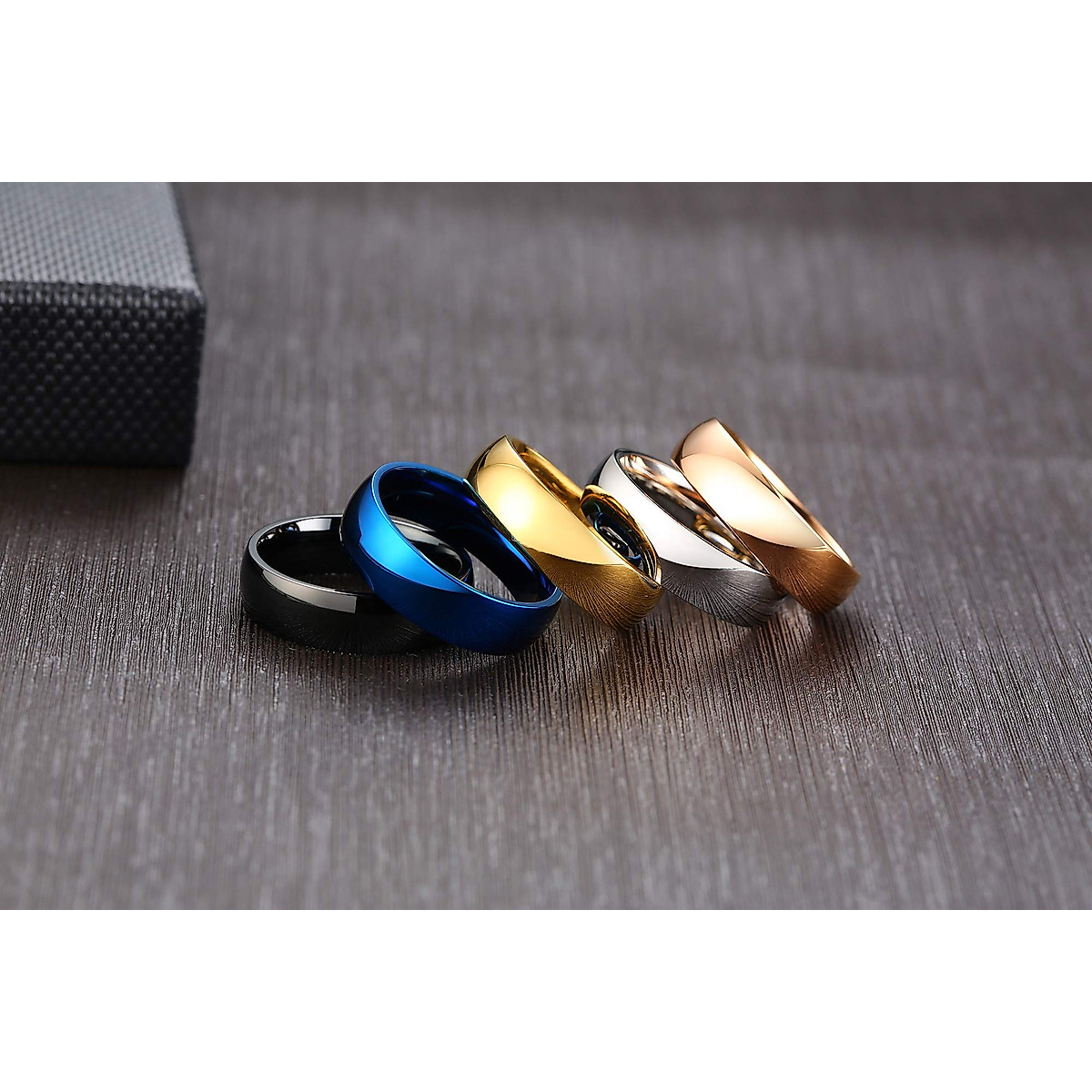 MZZJ Couple Jewelry Pinky Promise Distance Matching Ring His Hers Wedding Band 8MM&6MM Black Rose Gold Plated High Polish Stainless Steel Initial Rounded Dome Wedding Band Set