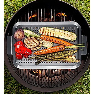 COOK TIME Grill Pan Set of 2, BBQ Grill Topper for Outdoor Grill, Stainless Steel Grilling Baskets with Holes and Handles, Perforated Food Tray Barbecue Accessories for Vegetable, Fish, Meat, Seafood