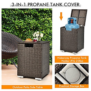 Tangkula 2 Piece Outdoor Propane Fire Pit Table Set with Hideaway Propane Tank Holder, Patiojoy 40,000 BTU Rattan Wicker Fire Pit Table with Lava Rocks, Waterproof Cover, Ideal for Backyard, Patio