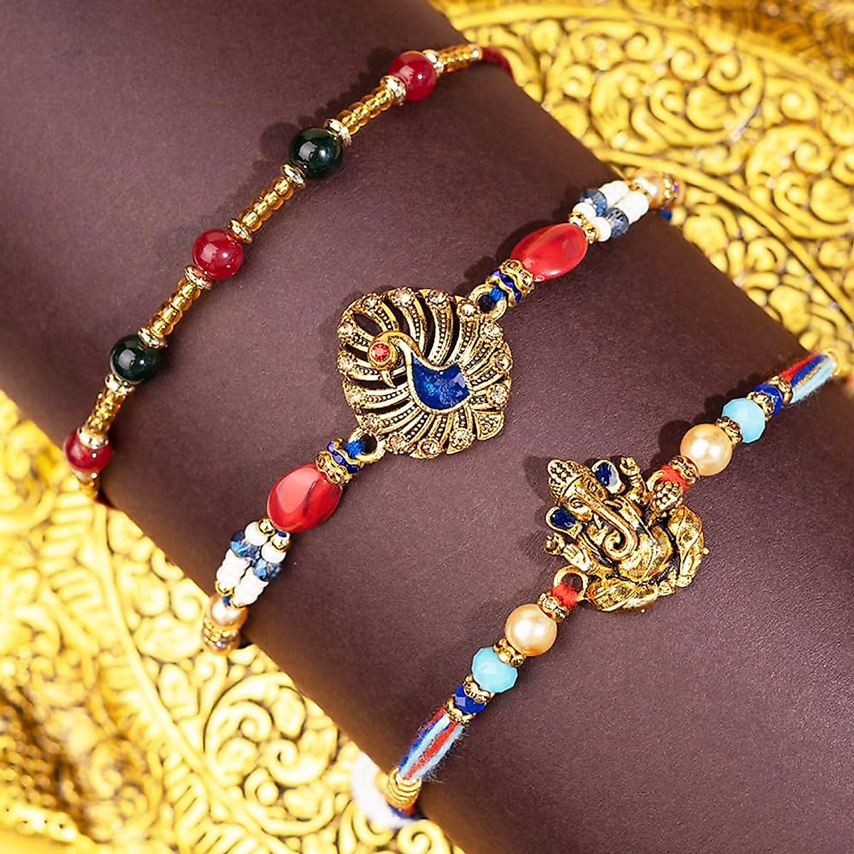 IndoTribe, Rakhi For Brother with Gift Set - Set of 5, Rakhi For Brother with Card, Roli Chawal | Rakhi for Brother and Bhabhi | Rakhi Hamper For Brother | Bhaiya Bhabhi Rakhi | Raksha Bandhan Rakhi