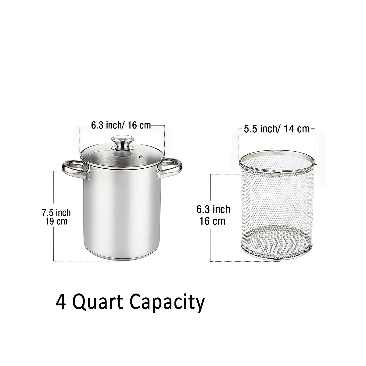 Cook N Home Deep Fryer Pot, Japanese Tempura Small Stainless Steel Deep Frying Pot, 304 Stainless Steel with Oil Drip Drainer Rack, Glass Lid, 6.3 inch/ 4Quart, for Kitchen French Fries, Chicken