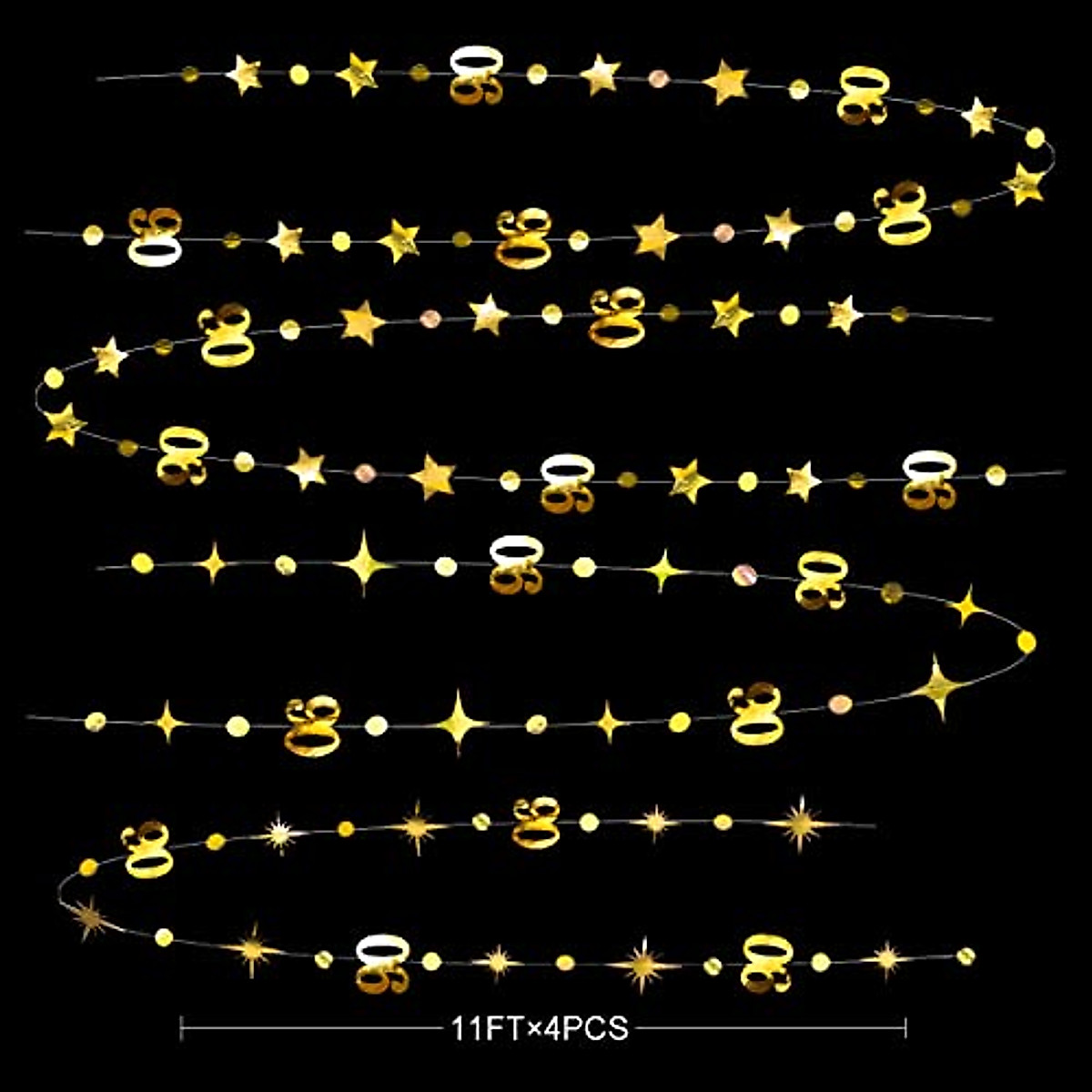 Gold 90th Birthday Decorations Number 90 Circle Dot Twinkle Star Garland Metallic Hanging Streamer Bunting Banner Backdrop for Women Mens 90 Year Old Birthday Nighty Anniversary Party Supplies