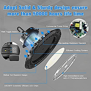 【Upgraded】 UFO LED High Bay Lights 240/200/150W 3-Watts Adjustable Flicker Free -36000LM Super Bright High Bay Shop Lights 5000K, 0-10V Dimmable, 6' Cable, 100-277V for Garage Barn Warehouse(2 Pack)