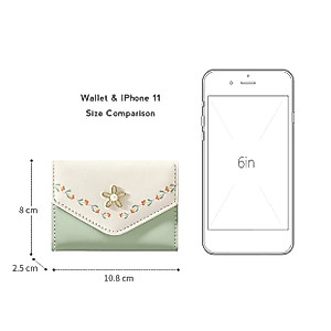 kuifang Girls Cute flowers Print Wallet, Small Tri-folded Aesthetic Wallet, PU Leather Purse Cash Pocket Card Holder ID Window Purse for Women(Green)