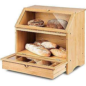 HOMEKOKO Large Bamboo Two-layer Bread Box With Drawer, Double Layers Large Bread Box for Kitchen Counter, Wooden Large Capacity Bamboo Bread Food Storage Bin (NATURAL)