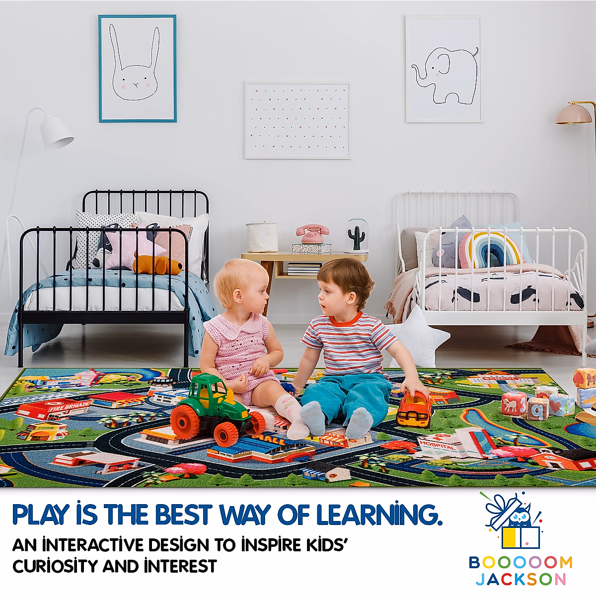 Booooom Jackson Kids Car Rug Playmat 31"X59" Car Mat for Kids Toy Cars Kids Rug with Roads for Playroom CarCarpet for Kids Race Car Play Rug for Toy Cars Play Carpet