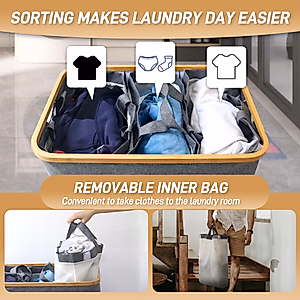 Sinimaka 150L Laundry Hamper 3 Section, Large Divided Laundry Basket with Wheels and Lid, Tall Dirty Clothes Hamper with Bamboo Handles and 3 Removable Bag for Bedroom, College Dorm, Bathroom, Grey