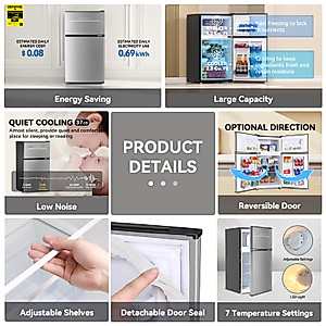 Frestec Mini Fridge with Freezer 3.5 Cu.Ft. 2 Door Refrigerator and Freezer Small Fridge for Bedroom Home Office Dorm, Small Drink Chiller, 37 dB Low Noise, Stainless Steel