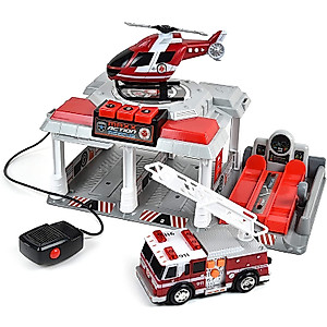 Fire and Rescue Garage Lights and Sounds Toy Set for Kids | Working Intercom with Open and Close Parking Garage and Vehicle Lift | Playset Includes Helicopter and Fire Truck with Friction Motor