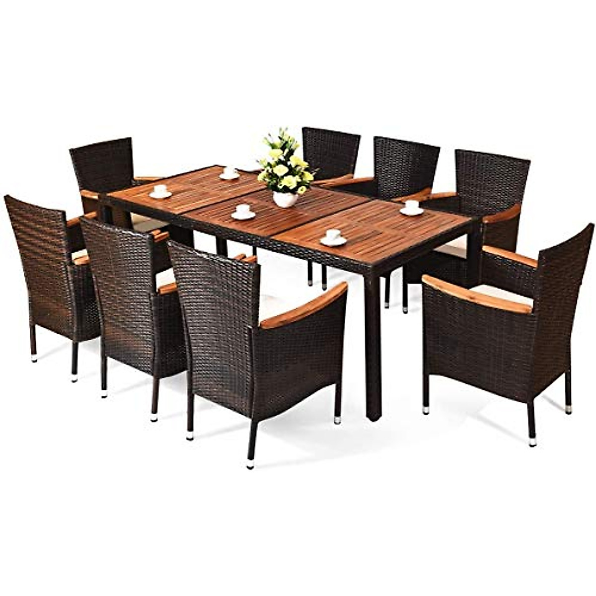 HAPPYGRILL 9 Pieces Patio Dining Set Outdoor Rattan Wicker Dining Set with Cushions, Garden Dining Table Chairs Set with Acacia Wood Table Top & Armrest