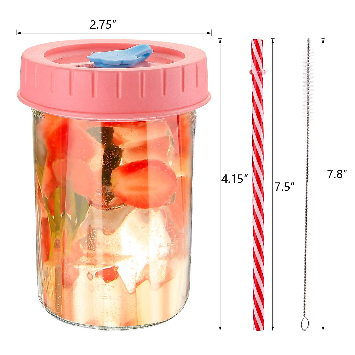 Suwimut 12 Pack Kids Toddler Cups Glass Mason Jars, 8 OZ Regular Mouth Spill Proof Smoothie Snack Cup with Lids, Plastic Straws, Silicone Stoppers and Cleaning Brush, Kid Tumbler for Drinking