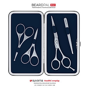 Suvorna Beard & Mustache trimming kit with Beard Scissors, Mustache Scissors, Facial Hair Scissors, Grooming Scissors, Ear Scissors, Nose Scissors, Eyebrow Scissors, and Tweezer Men. (4 Pcs Blue)