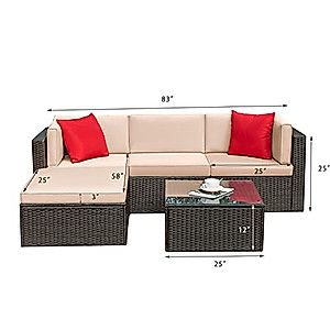 Greesum GS-LCRF5-1OT0-1AS0-BG 5 Pieces Patio Furniture Sets Outdoor-Indoor Sectional Wicker Rattan Sofa with Cushions, Pillows & Glass Table, Light Beige