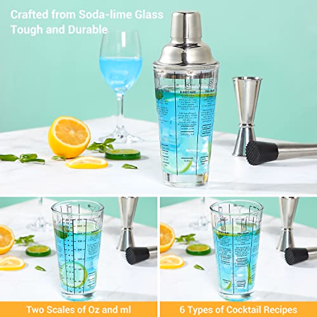 Cocktail Shaker Set, Ohuhu 17-Piece Bartender Kit Bar Tool Set with Acrylic Stand Premium Soda-Lime Glass Drink Shaker with All Bar Accessories for Beginners Home Bar Parties