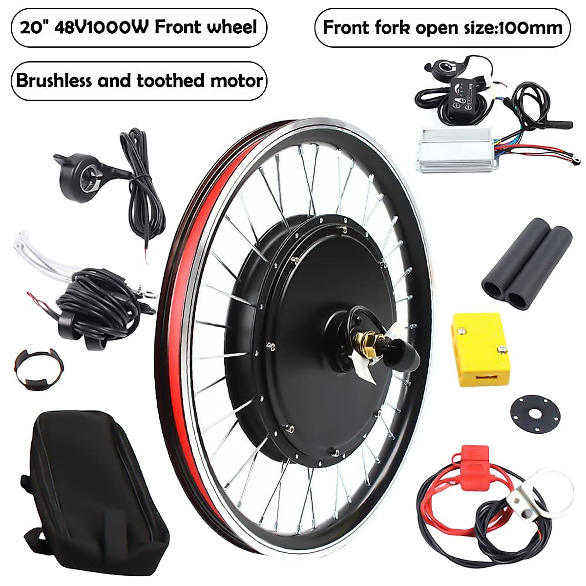 HENHAIY Electric Bicycle Front Wheel, 20 INCH E Bike Conversion Kits, 48V 1000W Brushless and Gearless Hub Bicycle with LED Motor Wheel Kit Bicycle Motor Kit for V Brake and Disc Brake