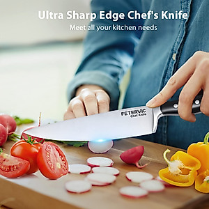 FETERVIC Chef Knife 8 Inch Chef's Knife with Knife Sharpener, German High Carbon Stainless Steel Kitchen Knife with Triple-Rriveted Ergonomic Handle & Gift Box