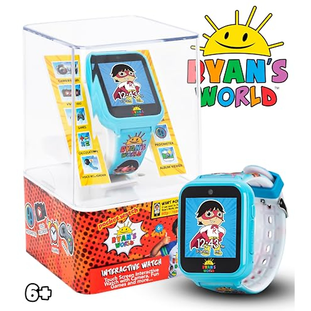 Ryan’s World Interactive Kids Smartwatch - 10 Fun Watch Faces, Built-in Games, Camera, Alarm, Stopwatch, Calculator, Step Counter & More - Perfect for Boys and Girls - Fits Wrists 5.5'' to 8.0"