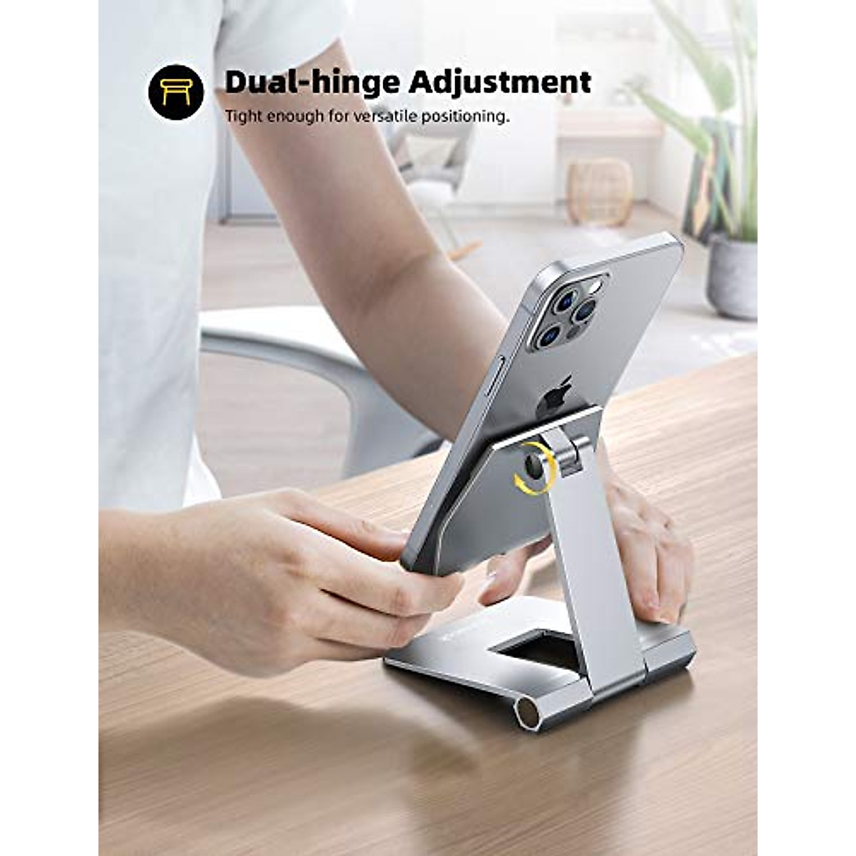 Lamicall Adjustable Cell Phone Stand Desk - Foldable Desktop Phone Holder, Cradle, Dock, Compatible with iPhone 14, Plus, Pro, Pro Max, 13 12 X XS,4-11'' Phones, Office Accessories, Smartphone Sliver