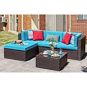 Vongrasig 5 Piece Patio Furniture Sets, All-Weather Brown PE Wicker Outdoor Couch Sectional Patio Set, Small Patio Conversation Set Garden Patio Sofa Set w/Ottoman, Glass Table, Blue
