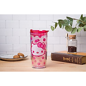 Silver Buffalo Hello Kitty Strawberry Face Double Wall Travel Tumbler w/Slide Close Lid, 20 Ounces