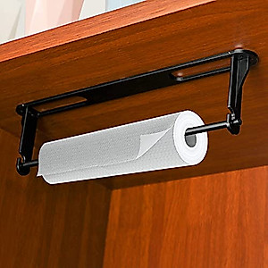 Ayybboo Paper Towel Holder,Under Cabinet Paper Towel Holder,Alloy Steel Foldable Wall Mounted Towel Large Roll Adhesive Bag Holder with Adhesive and Screw for Kitchen,Pantry,Bathroom 13.8in(Black)