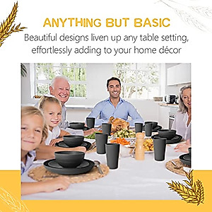 Teivio 24-Piece Kitchen Plastic Wheat Straw Dinnerware Set, Service for 6, Dinner Plates, Dessert Plate, Cereal Bowls, Pasta Bowls, Unbreakable Outdoor Camping Dishes, Black