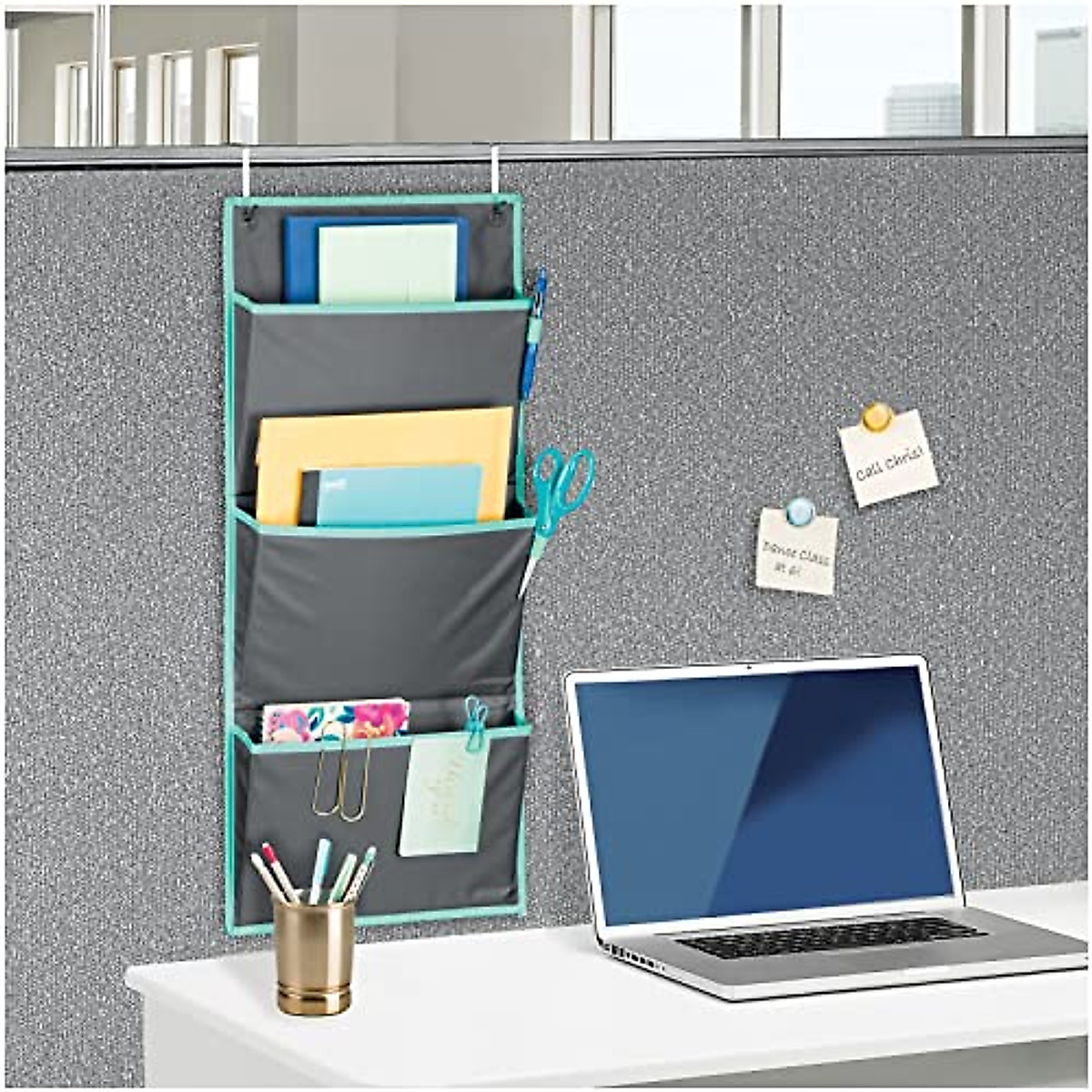 mDesign Soft Fabric Wall Mount/Over Door Hanging Storage Organizer - 3 Large Pockets - Holds Office Supplies, Planners, File Folders, Notebooks - Gray/Teal Blue