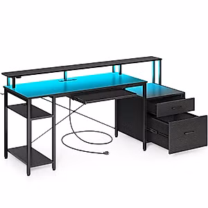Rolanstar Computer Desk 63" with File Drawer, Gaming Desk with LED Light & Power Outlets, Home Office Desk with File Cabinet & Storage Shelves, with Monitor Stand & Keyboard Tray, Black