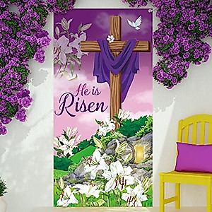 Happy Easter Day Decorations Easter Door Cover Easter Religious Door Cover He Is Risen Door Cover Large Fabric Easter Cross Door Cover Background for Jesus Spring Easter Party Decor 70.87 x 35.43 Inch