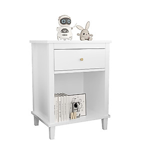 FAMIKITO Nightstand with 1 Drawer, 26.68 Inch Bedside Furniture with Open Storage Shelf for Kids, Girls, and Boys, Nightstand for Bedroom, White