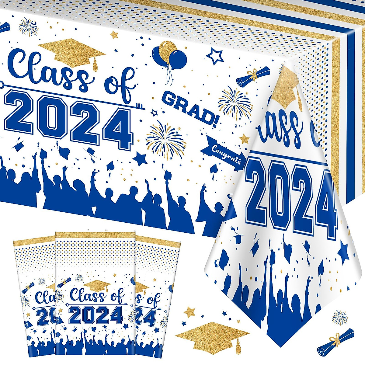 Graduation Decorations Class of 2024 Tablecloth - 3 Pcs Plastic Congrats Grad Table Cloth, Graduation Table Cover for Graduation Party Decorations 2024 and Party Supplies, 54"x108" (Blue and Gold)
