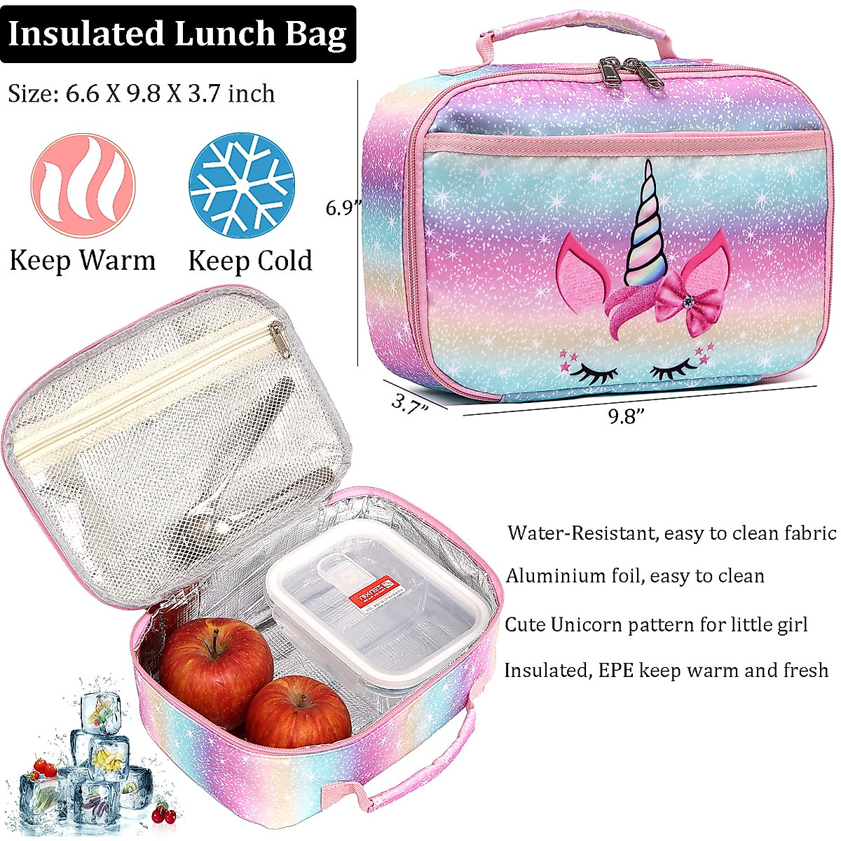 JIANYA Kids Backpack for School Girls Backpack Lunch Box Set Unicorn Preschool Kindergarten Bookbag with Chest Strap