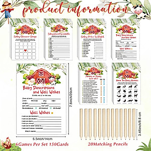 150 Pcs Watercolor Farm Animals Baby Shower Games Set 6 Games with 20 Pieces Pencils for Baby Shower Games Activities Include Baby Descriptions, Guess Who, Baby Price, Bingo Game, Word Scramble Game