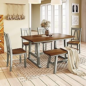 LUMISOL 6-Piece Dining Table Set with Bench, Wood Dinette Set for 6 Kitchen Table Set for Dining Room, Farmhouse Style