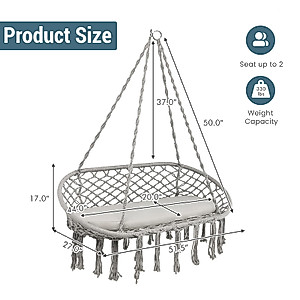 Giantex 2-Seat Hammock Chair, Macrame Swing with Cushion, Hanging Cotton Ropes, Metal Frame, Hanging Chair with330 lbs Capacity for Hammock Stand, Living Room, Patio, Balcony, Backyard (Gray)