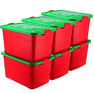 Barydat 6 Pcs Christmas Storage Bins with Lids 30 Qt Stackable Plastic Christmas Storage Totes Containers Latching Lid Christmas Storage Bins Organization Bins for Holiday Decor Daily Use (Red)