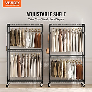 VEVOR Heavy Duty Clothes Rack, Rolling Clothing Garment Rack with 3 Storage Tiers, 2 Rods and 2 Pairs Side Hooks, Adjustable Height Clothing Rack Closet for Hanging Clothes, 400 Lbs Load Capacity