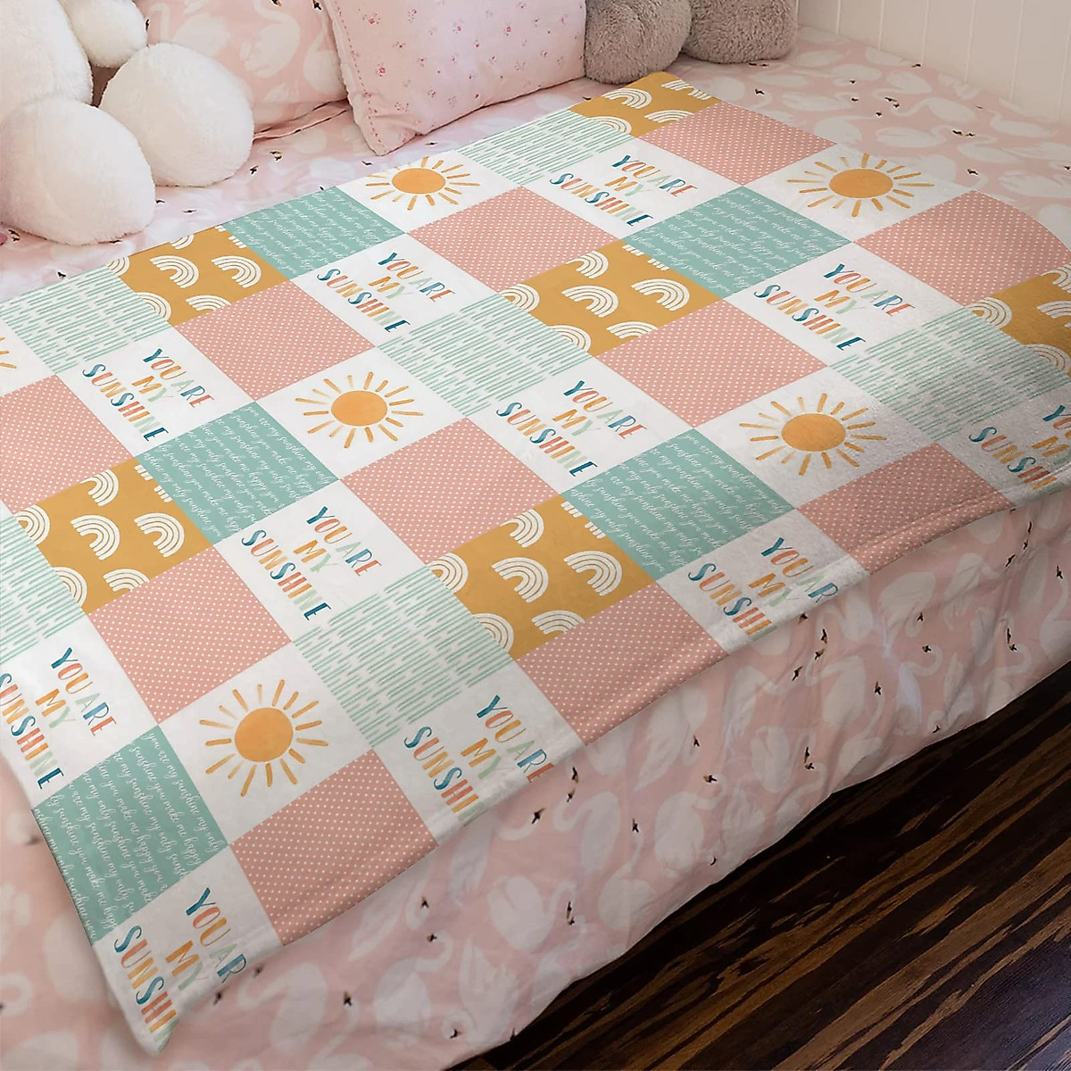 HawSkgFub Boho Rainbow You Are My Sunshine Baby Blanket Girls Gift, Pink Sun Polka Dots Patchwork Flannel Fleece Nursery Bed Blankets, Soft Lightweight Newborn Toddler Infant Kids Crib Bedding 30 x 40