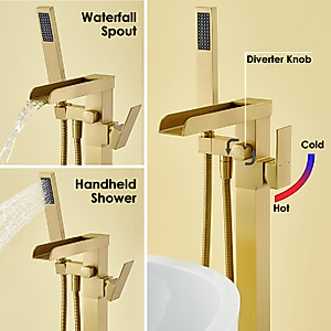 Wintap Freestanding Bathtub Faucet,Floor Mount Tub Filler High Flow Waterfall Bath Filler,Brushed Gold Tub Faucets with Hand Shower
