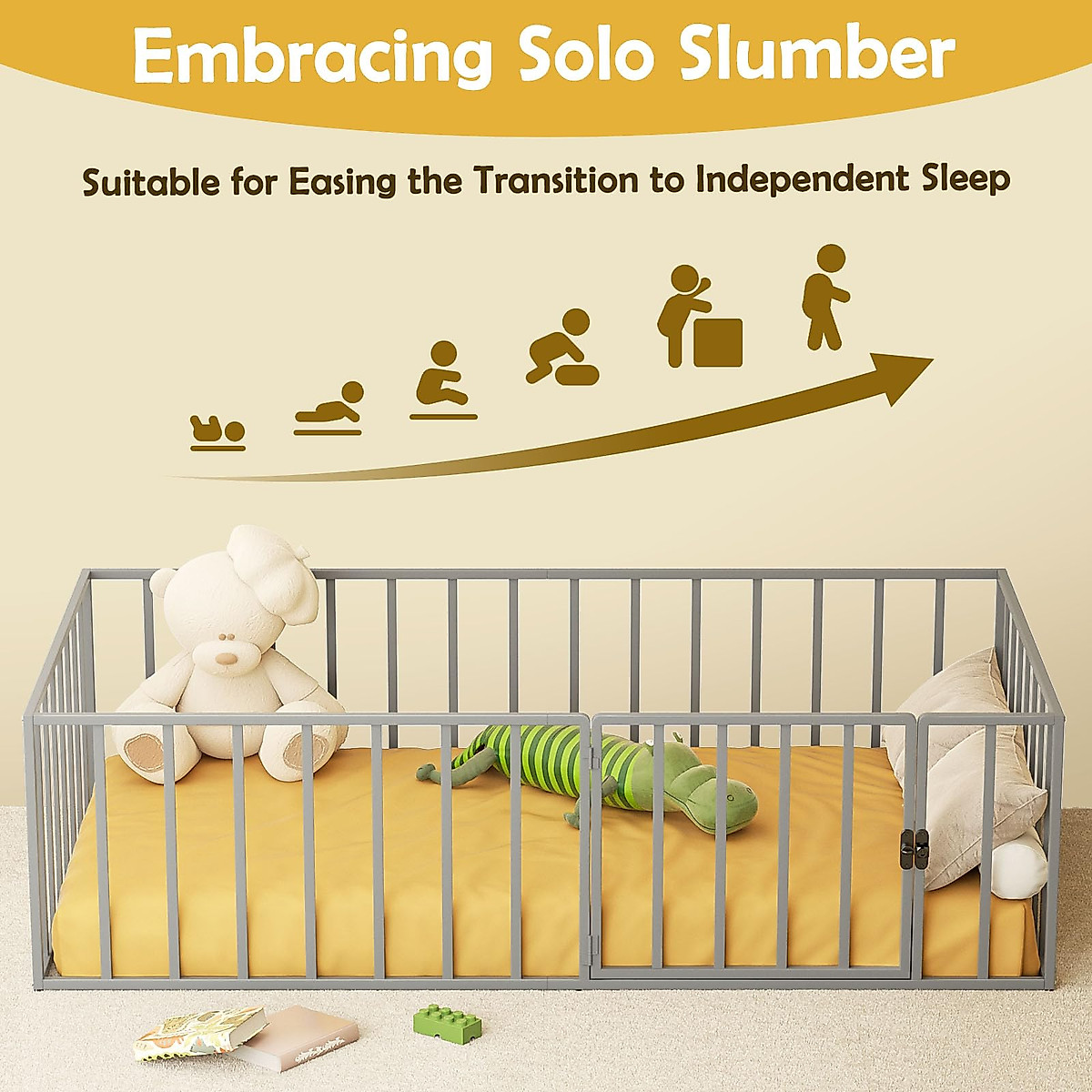 ROOMTEC Montessori Twin Floor Bed Frame Metal 77×41×21 with Fence and Door Easy Assembly for Bedroom Playroom