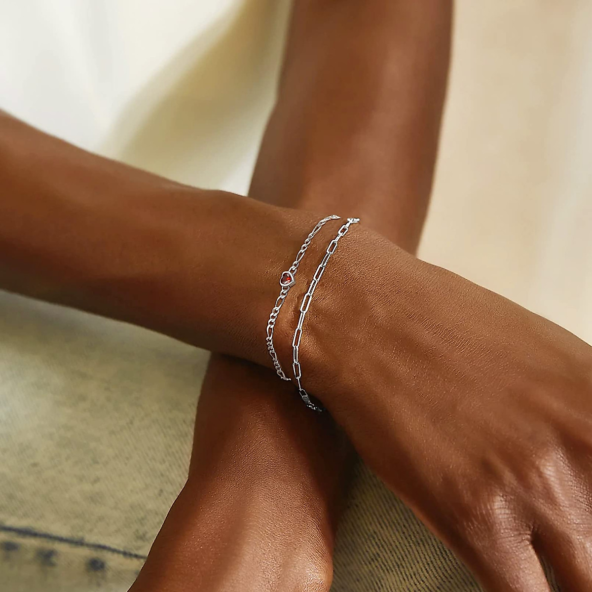 ChicSilver 925 Sterling Silver Heart Bracelet for Women Dainty 3mm Cubic Zirconia CZ Created Aquamarine March Birthstone Figaro Chain Bracelet Birthday Jewelry Gifts