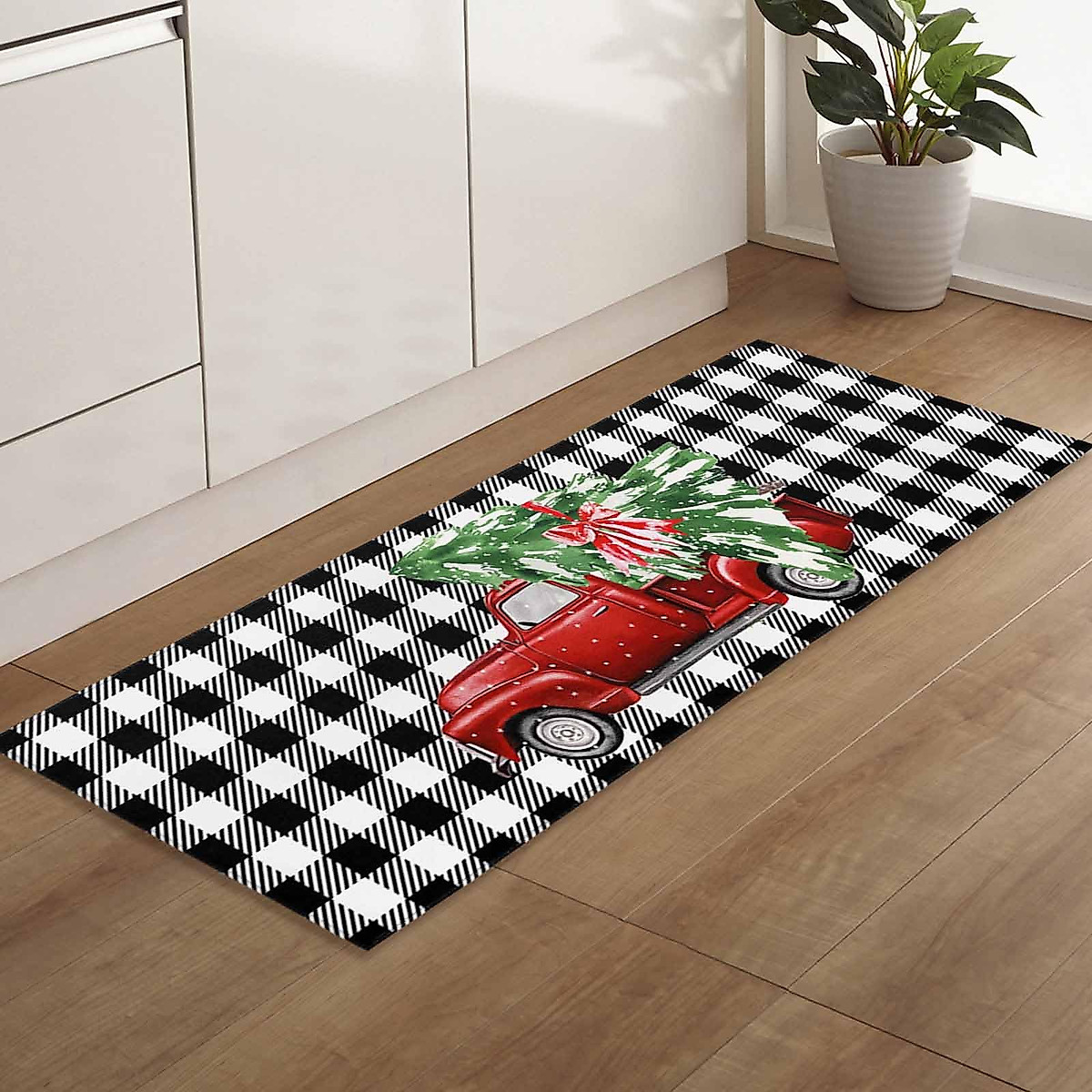 Christmas Kitchen Rugs and Mats 2 PCS Red Truck Xmas Tree Black White Buffalo Check Kitchen Mats for Floor, Farmhouse Non-Slip Rugs with Runner for Kitchen,Office,Sink,Laundry 15.7"x23.6"+15.7"x47.2"