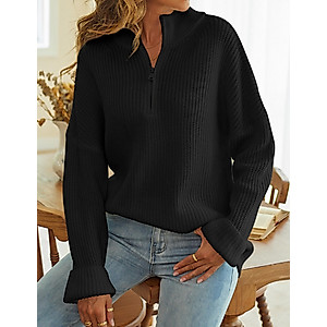 MEROKEETY Women's 2024 Long Sleeve Chunky Knit Sweaters 1/4 Zip Polo V Neck Casual Pullover Tops,Black,S