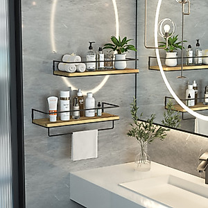 ZGO Floating Shelves for Wall Set of 2, Wall Mounted Storage Shelves with Metal Frame and Towel Rack for Bathroom, Kitchen, Bedroom(Wood)