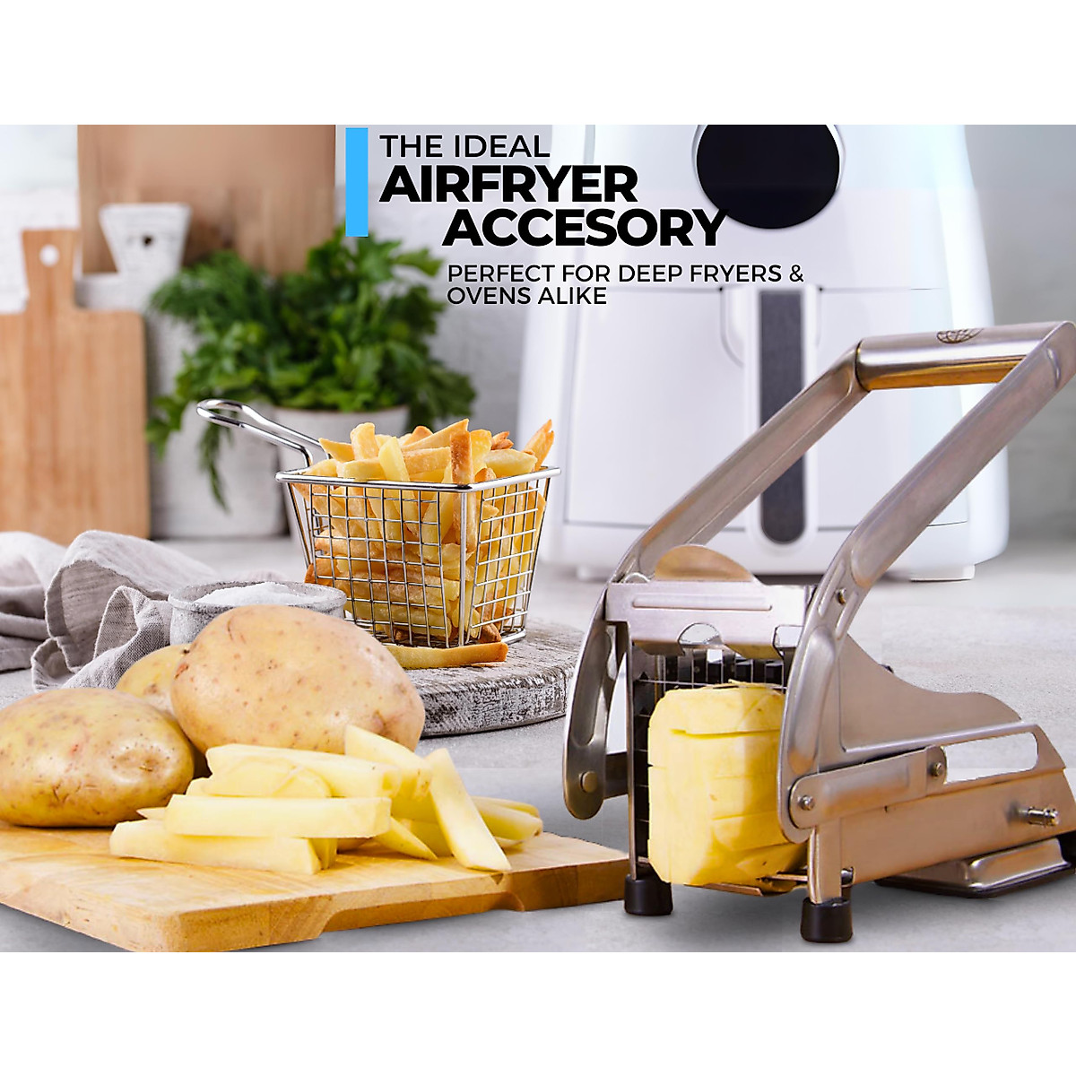 ICO French Fry Cutter, 2-blade Potato Slicer, French Fry Cutter For Potatoes with Non-slip Suction Lock Technology, Stainless Steel French Fry Press