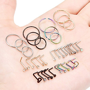 Gadeaila 18G Nose Ring Studs 18 Gauge Surgical Steel L Shaped Nose Studs Nose Rings Hoop Diamond Heart Hypoallergenic Nostril Piercing Jewelry Silver Rose Gold Black Rainbow Nose Jewelry