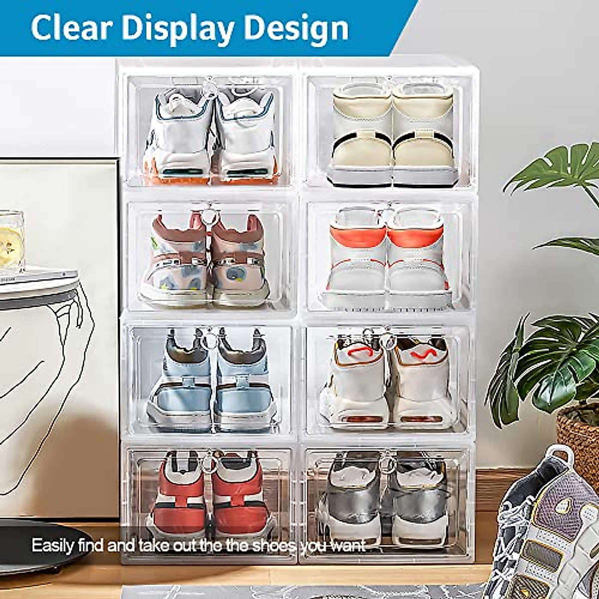 Avarmora Shoe Boxes Clear Plastic Stackable, 8 Pack Drop Front Shoe Box with Magnetic Acrylic Hard Door, XL Shoe Storage Boxes for Display Sneakers, Fit up to US Size 13 (13.6''x 10.6''x 7.7'')