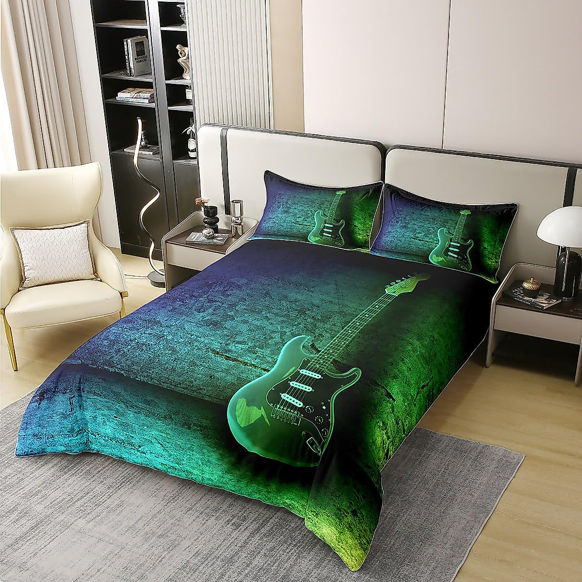 jejeloiu Guitar Duvet Cover 100% Cotton Queen Size Music Themed Guitar Bedding 100% Cotton Set Guitar Instruments Print Comforter Cover Ultra Soft Decor Musical Pattern Bedspread Cover Zipper